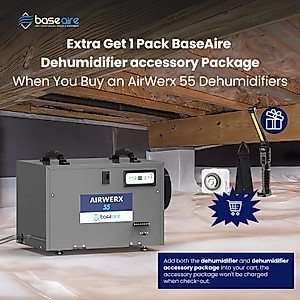 BaseAire 113 Pint Commercial Dehumidifier with Drain Hose for Crawl Spaces, Basements, Whole House, Compact, Portable, Auto Defrost, Memory Starting, 5 Years Warranty, Commercial Industrial Home Use