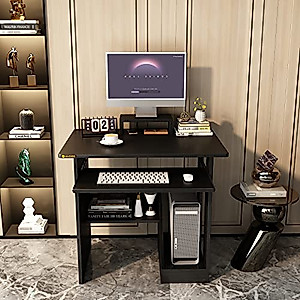 YQ JENMW 29in Computer Desk with Monitor Stand and Keyboard Tray for Small Space, Wood PC Laptop for Bedroom, Writing Table with Shelves for Kids, Black