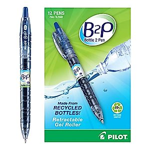 PILOT B2P - Bottle to Pen Refillable & Retractable Rolling Ball Gel Pen Made From Recycled Bottles, Fine Point, Blue G2 Ink, 12-Pack (31601)