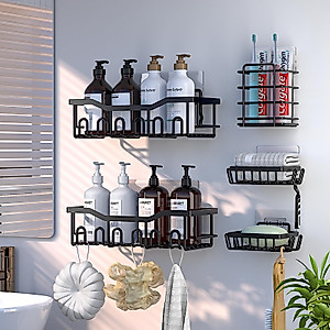 kitims Adhesive Shower Caddy, 5 Pack Shower Organizer Hanging with Large Capacity Stainless Steel Shower Organizers and Storage Rustproof Shower Shelf for Inside Shower, No Drilling, Black