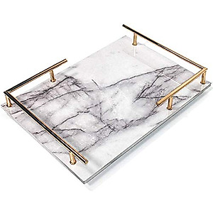 PuTwo Decorative Tray, MDF Tray with Marble Print, Handmade Vanity Tray, Perfume Tray with Gold Metal Handle, Trinket Tray, Catchall Tray for Dresser Bathroom Vanity Table (Gray and White)