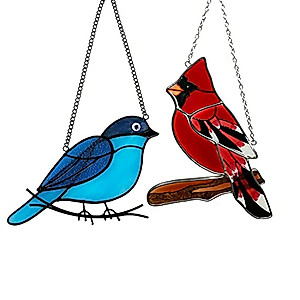 Bluebird and Cardinal Stained Glass Window Hanging Bird Suncatcher for Window
