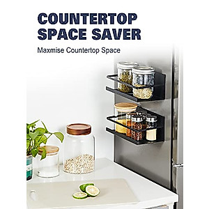 BRONYPRO Magnetic Spice Rack, 2 Pack Magnetic Shelf for Refrigerator, Large Spice Rack, Space Saver for Small Kitchen, Hanging Magnetic Storage With 4 Hooks, for Spices, Plates, Books, Plants（Black）