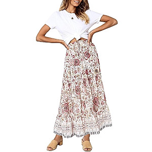 MEROKEETY Women's Boho Floral Print Elastic High Waist Pleated A Line Maxi Skirt White