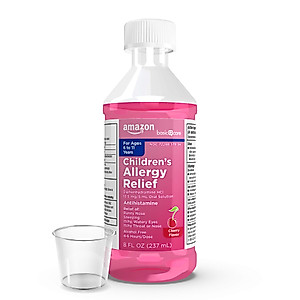 Amazon Basic Care Children's Allergy Relief Liquid, Kids Allergy Medicine with Diphenhydramine HCl, Antihistamine, Cherry Flavor, for Children Ages 6-11 Years, 8 Fl Oz (Pack of 1)
