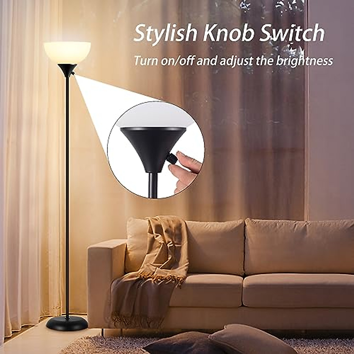 Floor Lamps for Living Room, Dimmable LED Modern Simple Standing Lamp, Tall Lamps for Bedroom Office Dining Room Kitchen, Minimalist Black Pole Lamp with Rotary Switch, 9W LED Bulb Included