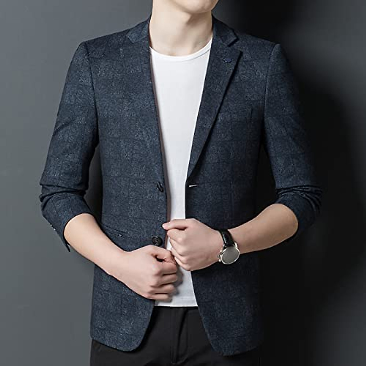 Men's Casual Plaids Printed Suit Jacket Lightweight 2 Button Slim Fit Sport Coat Stylish Basic Business Blazer (Blue,Large)