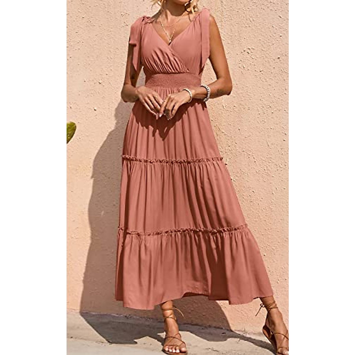 PRETTYGARDEN Women's Cross Neck Summer Sleeveless Tiered Maxi Dress Beach Tie Strap Smocked Long Dresses Pleated Sundress (Nude Pink,Medium)