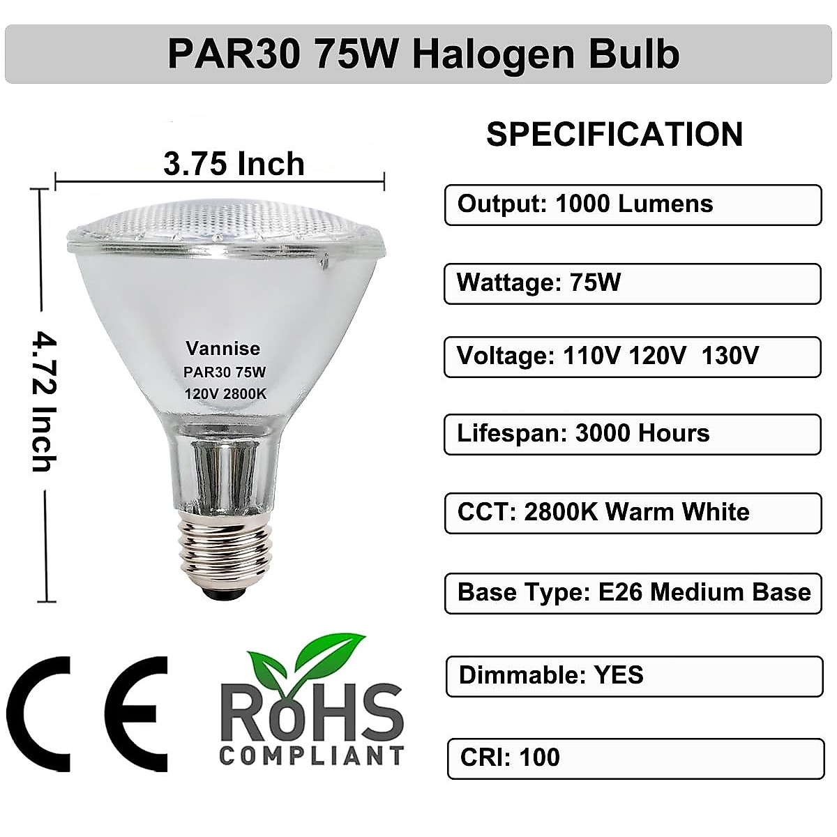 Vannise PAR30 Halogen Bulb 75W 120V, 6 Pack High Output 1000LM PAR30 Long Neck Halogen 75W with Warm White 2800K, PAR30 Dimmable, Long Lasting PAR30 Flood Light Bulb with E26 Medium Base