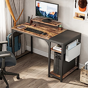 DESIGNA 55 Inch Home Office Computer Desk with Monitor Stand Storage Shelves, Study Writing Moder PC Computer Gaming Desk Large Workstation with 2 Hooks & Storage Bag, Reclaimed Wood/Black