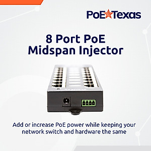 PoE Texas 8 Port PoE Injector - Gigabit Passive Power Over Ethernet Midspan - Front Wall Mount Solution for Security Cameras, IP Phones, WiFi APs - Add PoE to Non-PoE Switch (Without Power Supply)