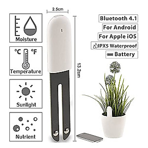 Soil Moisture Meter 4 in 1,Plant Water Monitor,Automatically detect Moisture/Temperature/Light/Fertility,Can Connect to Mobile Phone via Bluetooth,Hygrometer Sensor for Indoor Plants (1pc)