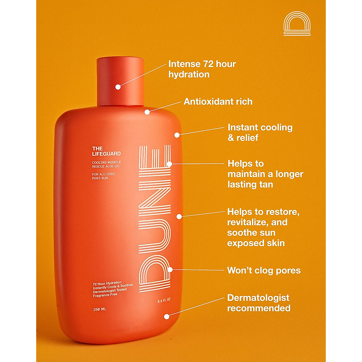 DUNE SUNCARE - The Lifeguard - Miracle Rescue Aloe Vera Gel for All-Over Sunburn Relief, Instantly Cooling, Hydrating Moisturizer, Non-Sticky, Fragrance Free (8.4 Fl Oz)