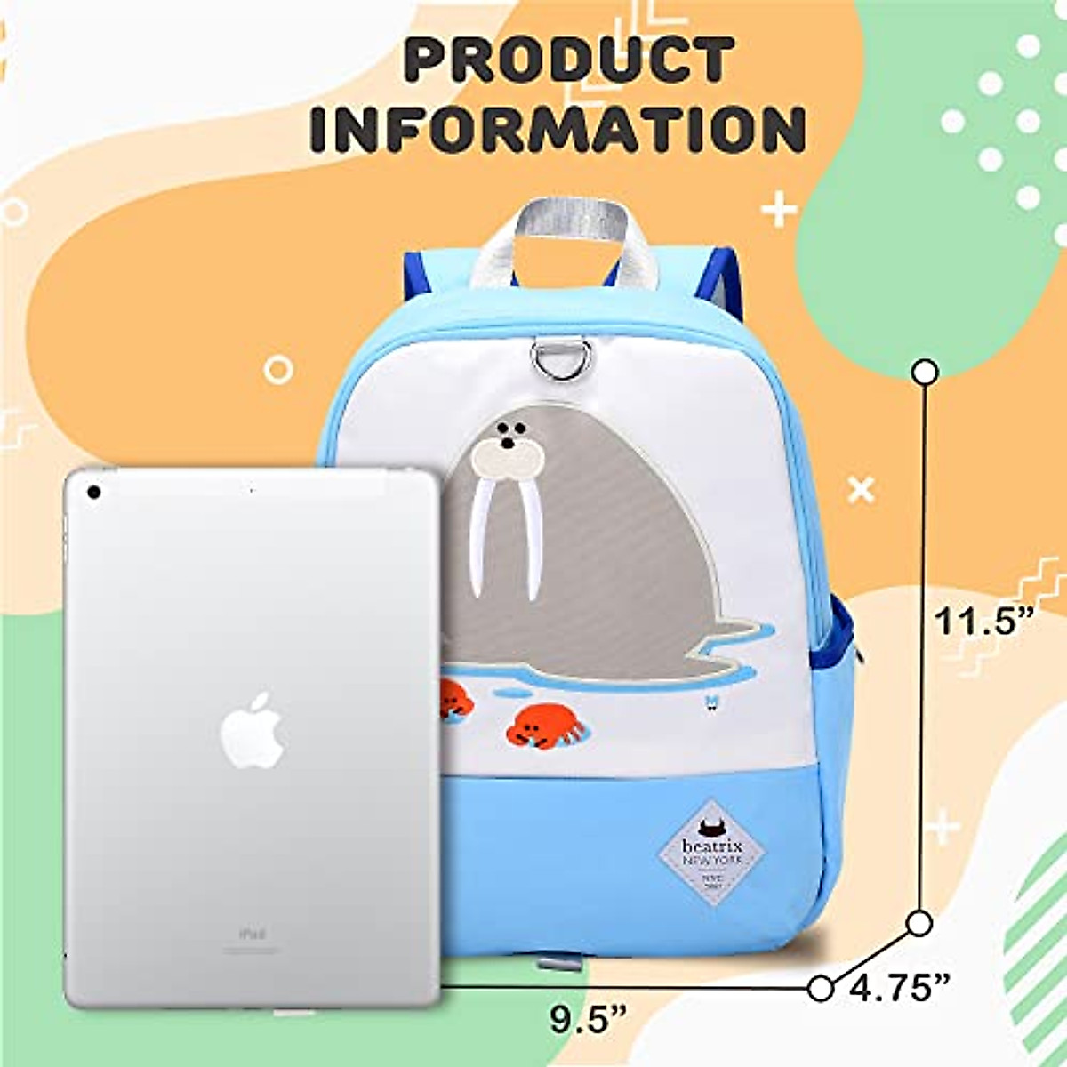 Beatrix New York - Toddler & Kids 11.5" Backpack Bag with Removable Leash for Girls & Boys (WALRUS), Ideal for Preschool & Kindergarten Back to School