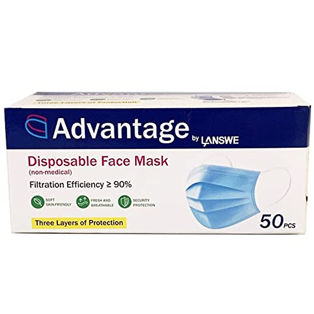 Lanswe Advantage Disposable Masks (2,000 pack) 3-Ply Disposable Face Masks with Elastic Earloops - Volume Pricing