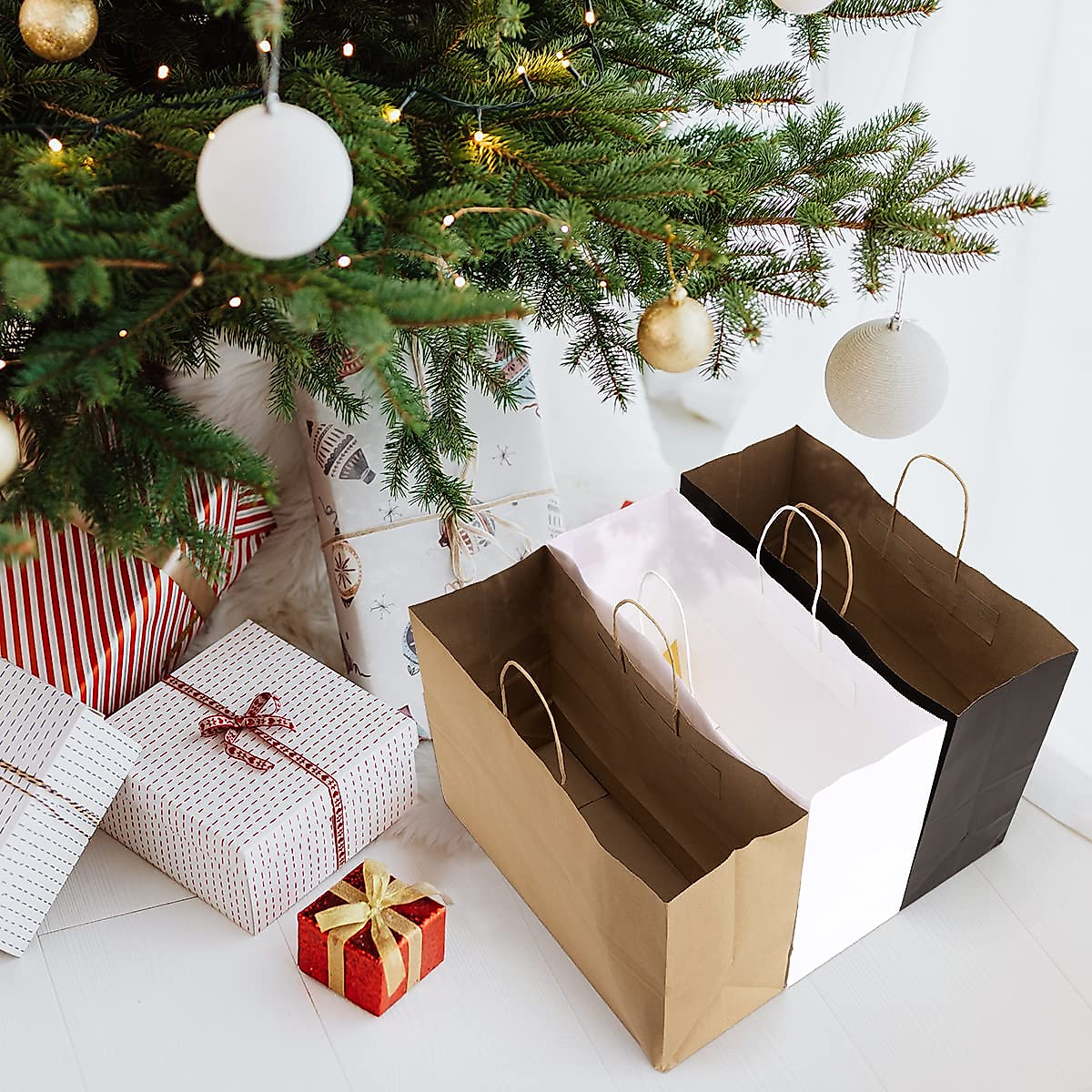 Poever 16x6x12 Kraft Paper Bags with Handles 25 PCS Bulk, Large Shopping Bags White Gift Bags Tote Bags Recyclable for Small Business Retail Grocery Merchandise