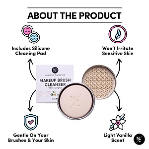 Narrative Cosmetics Solid Makeup Brush Cleanser Soap with Silicone Cleaning Pad, Cleans Natural & Synthetic Brushes, Vegan, Cruelty-Free, Natural Ingredients, Vanilla Fragrance, 2.45 Oz.