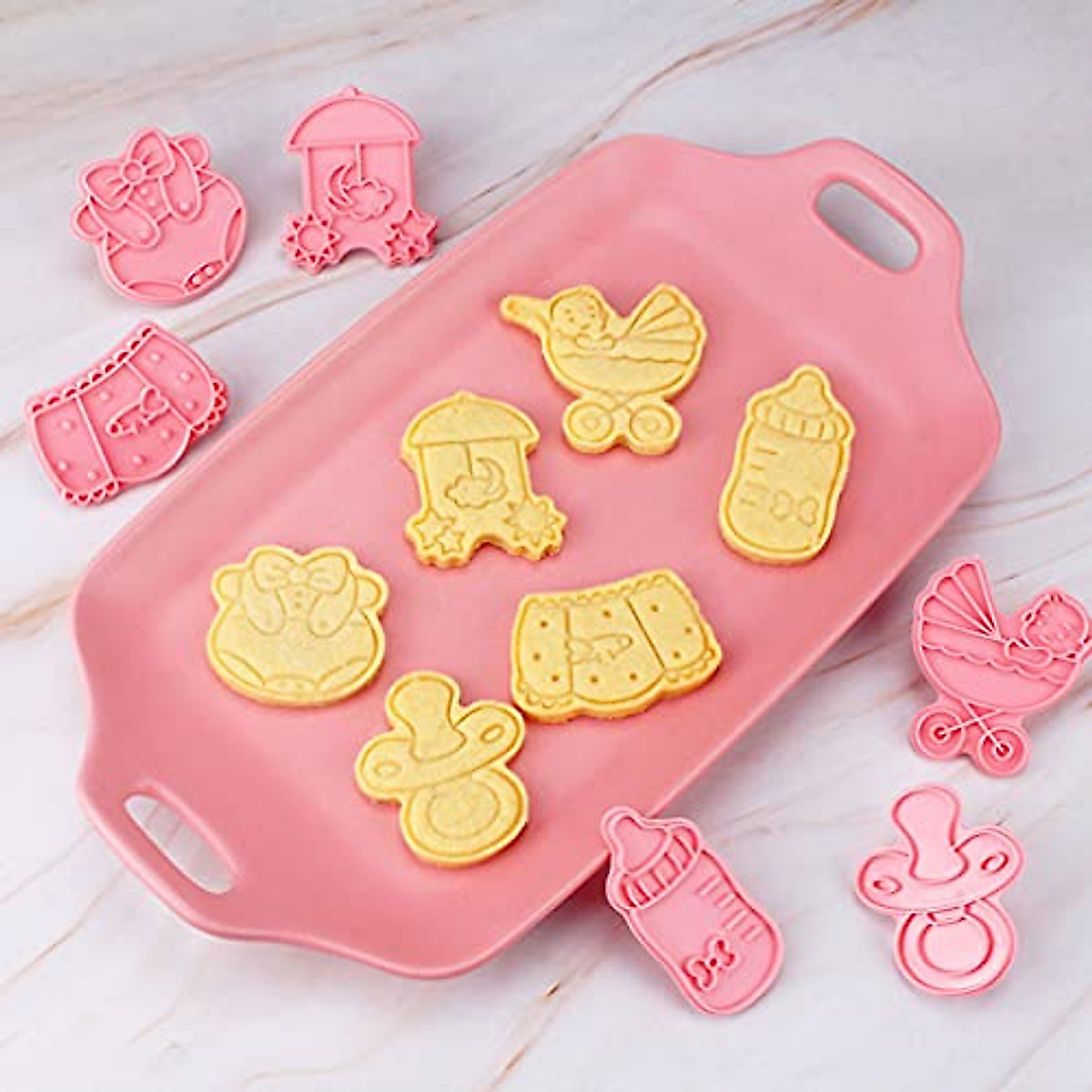 Cookie Cutter Plastic Baby Stroller Feeding Bottle Clothes Shape DIY Cookie Cutter Biscuit Mould Baking Decorating Tools Cookie Stamp Stamper Embosser For Baking Happy Birthday Baby Shower Designs Set