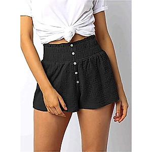 Dokotoo Womens Ladies Casual Soft High Waisted Linen Shorts for Women Trendy for Summer Comfy Elastic Waist Summer Beach Cruise Travel Resort Wear Vacation Outfits Short Pants Solid Black Medium