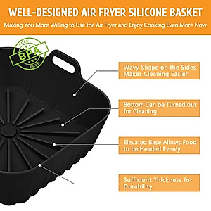 Air Fryer Silicone Liners 9 Inch Reusable Air Fryer Reusable Basket For 6 to 9QT, 2 PCS Square Air Fryer Pot Insert for Oven Microwave Accessories