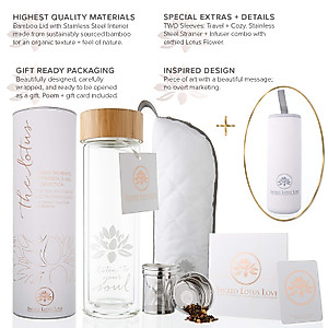 The Lotus Glass Tea Tumbler with Strainer & Infuser Basket for Loose Leaf Tea. Leak-Proof Lid. BPA Free. Double-Walled Glass Travel Tea Cup. 15 ounces