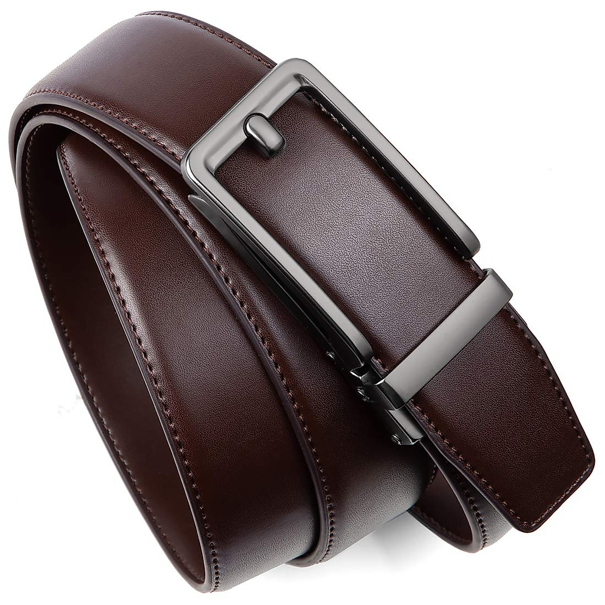 Founders & C Men's Leather Ratchet Comfort Click Belt Dress with Slide Buckle -Adjustable Trim to Fit (28"-42" Waist Adjustable, Matted Gun Buckle W Brown Leather)
