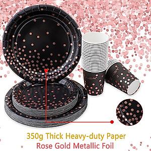 Black and Rose Gold Party Supplies 169 Pieces, Rose Gold Dot Black Paper Plates, Napkins, Cups, Cutlery, Banner for Graduation, Birthday, Cocktail Party, Retirement Party, Serve 24