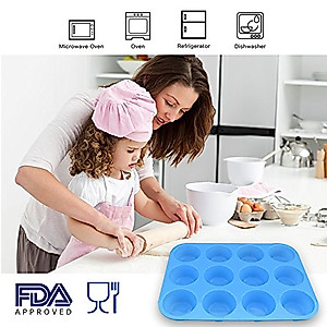homEdge 12-Cup Silicone Muffin Pan, Pack of 3 Non-Stick Muffin Molds, Baking Pan for Cupcake, Tarts, Egg Bites-Blue