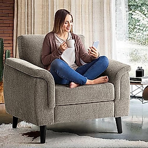 CDCASA Oversized Accent Chair, Linen Fabric Mid Century Modern Chair, Comfy Upholstered Armchair Reading Chairs Single Sofa Chairs with Wood Legs for Bedroom Living Room, Light Brown, 1PC