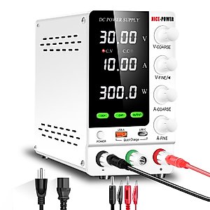 NICE-POWER DC Power Supply Variable 30V 10A, Adjustable Regulated DC Bench Power Supply with Encoder, Output Switch and OCP/OVP, Benchtop Lab Power Supplies with USB-A and Type-C Quick Charge (White)