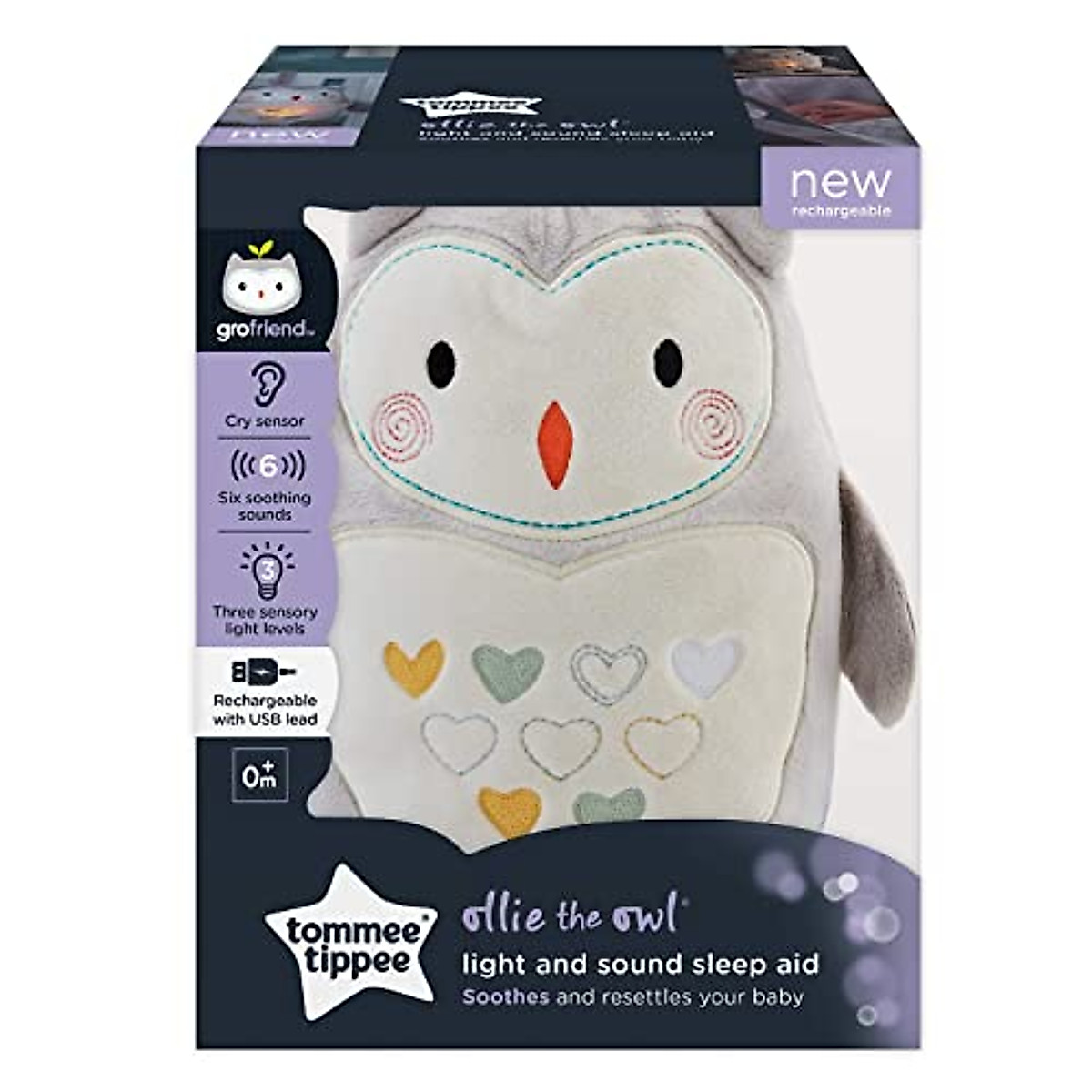 Tommee Tippee Rechargeable Light & Sound Sleep Aid - Ollie The Owl, Grey