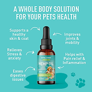 Nature's Synergy Hemp Oil for Dogs, Cats & Pets, Omega 3 6 9 Fatty Acids for Hip and Joint Support, Skin and Coat Health, Calming Dog Supplement to Support Stress from Travel, Separation, 1 Oz Bottle