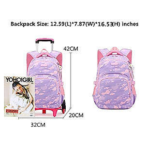 Stripe Rolling Trolley Bag Wheeled Backpack for Girls Primary Geometric Schoolbag Elementary Bookbag (Purple Pink)