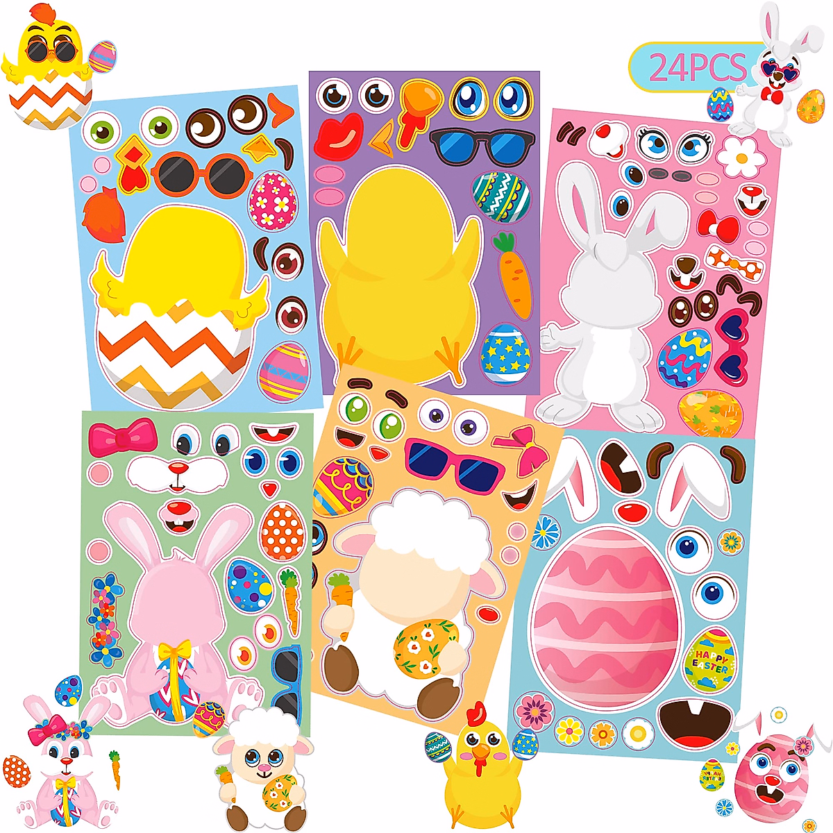 YNERHAI 24sheets Easter Stickers Gifts for Kids, Easter Craft Kids Toys Can Make Own Face Easter Bunny Sheep Rabbit Colored Egg Chicks for Child Boys Girls School Game Activities Party Favor Supplies