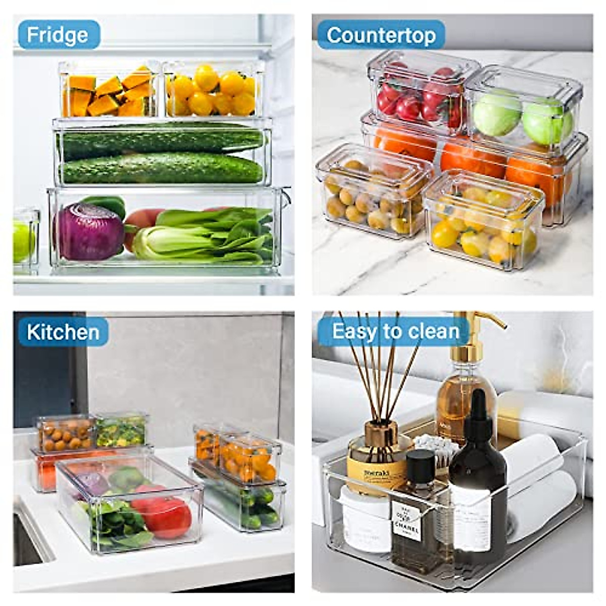 BEWAVE Fridge Organizer, 7 Pack Stackable Refrigerator Organizer Bins with Lid, Clear Containers, BPA-Free Plastic Food Storage for Food, Drinks, Fruits, Vegetable