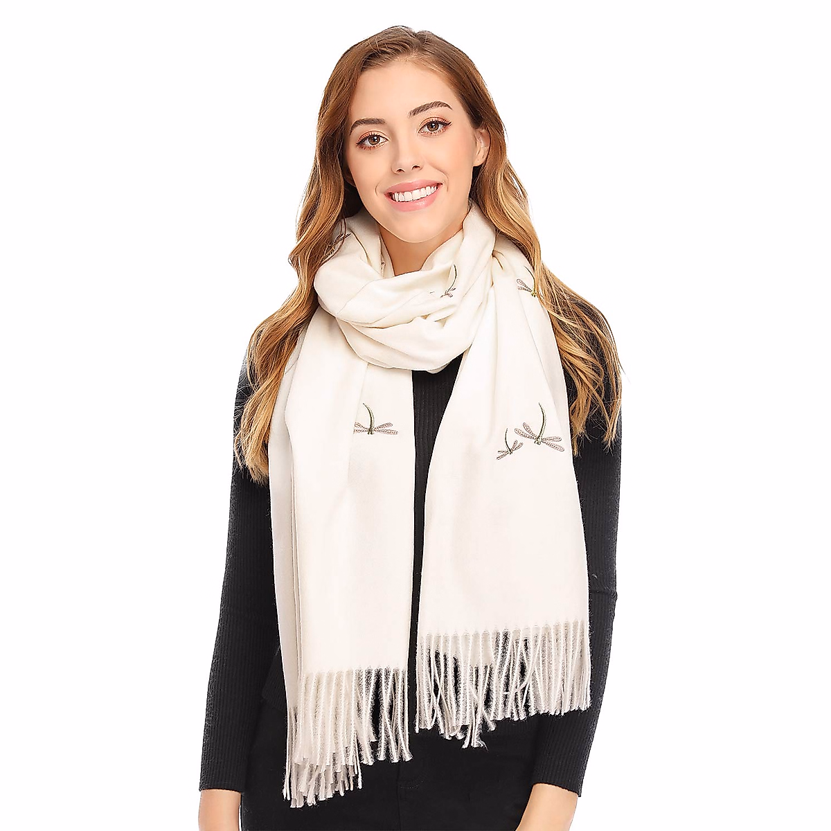 Bienvenu Dragonfly Detail Large Women Soft Cashmere Wool Wraps Shawls Stole Scarf,White