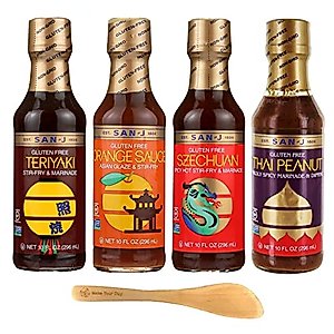 SPICE OF LIFE San-J Gluten Free Stir-Fry & Marinade Sauces, Teriyaki, Orange Sauce, Szechuan, and Thai Peanut - with Make Your Day 4-in-1 Measuring Spoon, 10 Fl Oz, Pack of 4