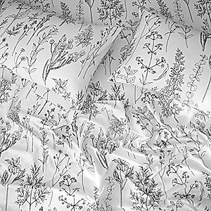 HYPREST Floral Sheets Queen Size,18 inches Deep Pocket Sheets, 1800 Thread Count Black and White Leaf Floral Bed Sheets Soft Breathable Cute Aesthetic Shabby Chic Bed Sheets, Oeko-Tex Certificated.