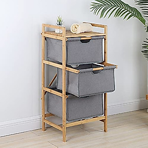 Basket Storage Drawers Unit 3-Tier Laundry Basket Bathroom Dresser Tower Organizer with Bamboo Frame and Pull-Out Fabric Baskets