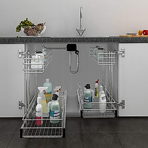 STORKING 2 Tier Under Sink Pull Out Cabinet Organizer Slide Wire Shelf Basket for Kitchen Base Cabinets 9" W 18.5" D 16" H