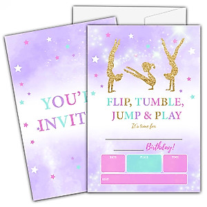 Gymnastics Birthday Invitations for Kids, Gold Glitter Birthday Party Invitation Cards, Jump Tumble and Play Party Celebration Supplies Decoration -20 Fill in Invitations with Envelopes (B17)