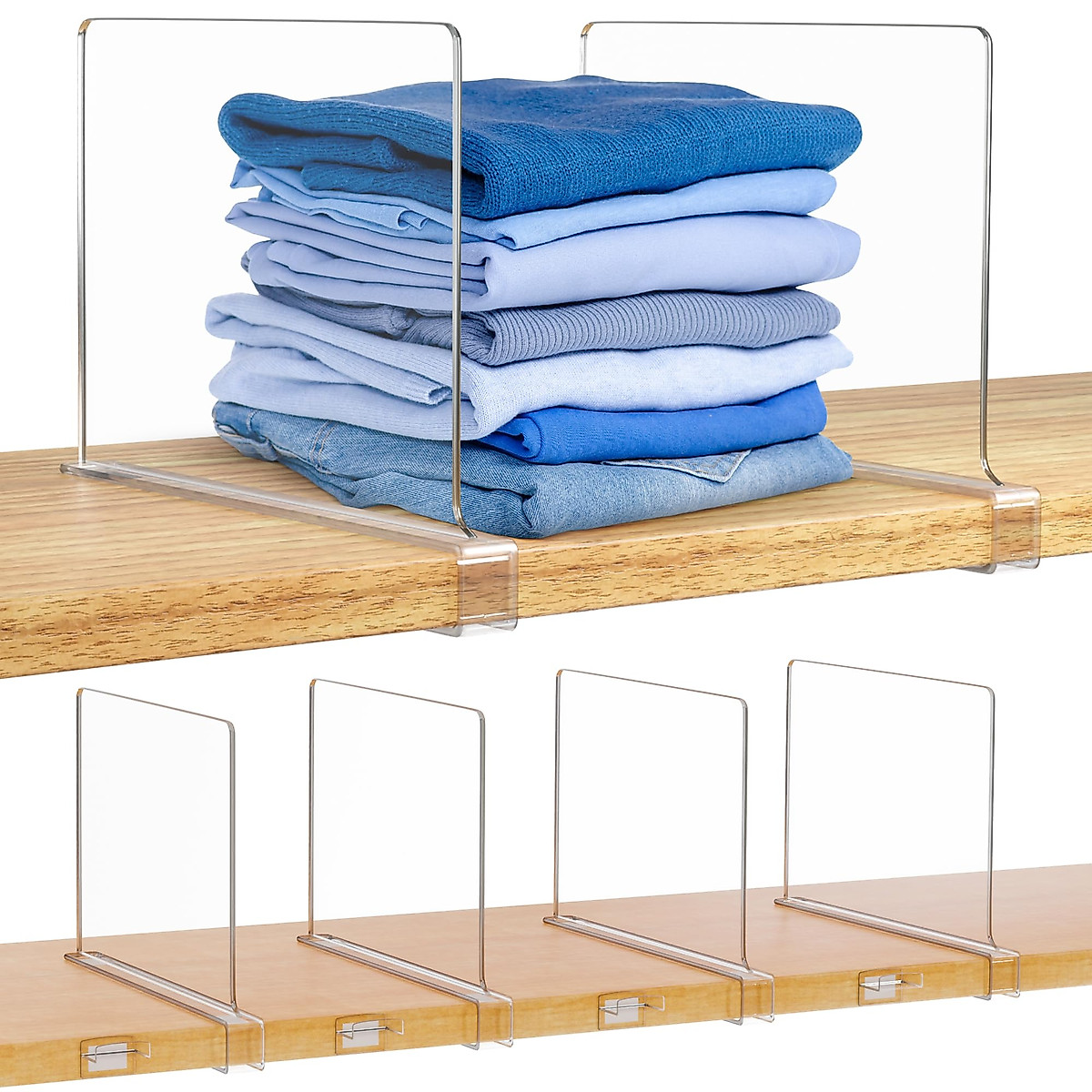 VooValley 4Pcs Clear Acrylic Shelf Dividers for Closets, Vertical Shelves - Sturdy Closet Shelf Organizer with 4 Hooks and Tape - Easy to Install Tall Shelf Separators for Bathroom, Pantry, and More