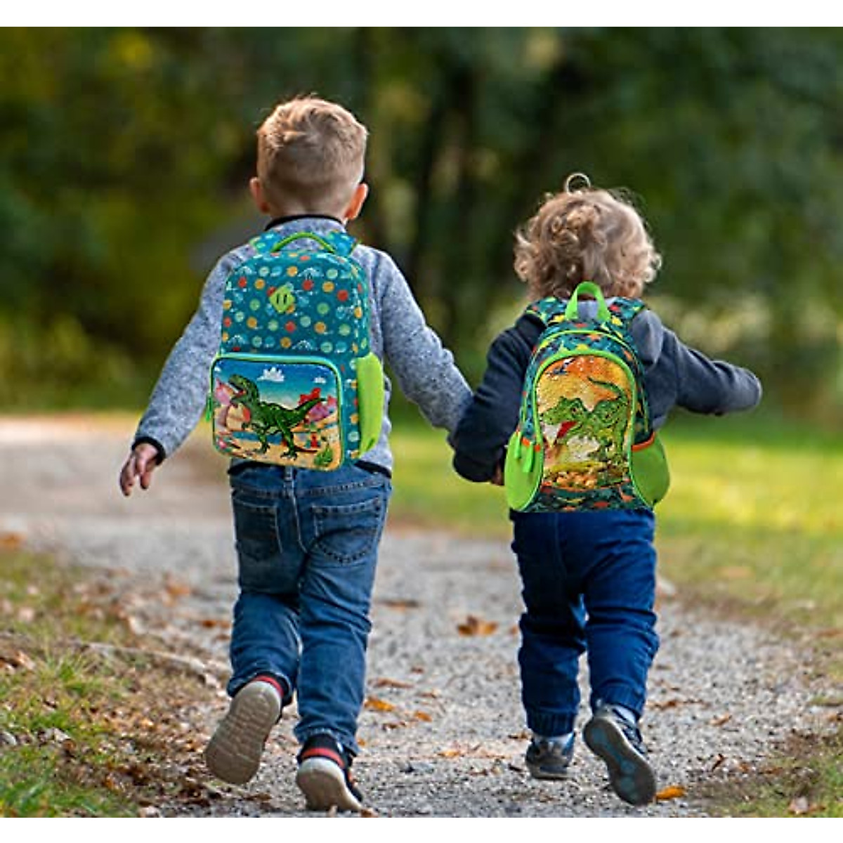 HAPPYSUNNY Dinosaur Backpack for Kids 3-5 or 5-7 Boys Girls with Reversible Sequins 15 Inch Green Cute Bookbags for Preschool Early Elementary Kindergarten Children with Chest Strap