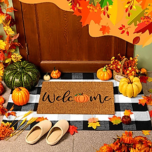 Moucuny 2 Pcs Fall Coir Welcome Doormat Fall Rug Outdoor Mat Layered Buffalo Plaid Mat Halloween Mats Pumpkin Maple Mat for Autumn Thanksgiving Fall Front Porch Outdoor Entryway(Plain Style)