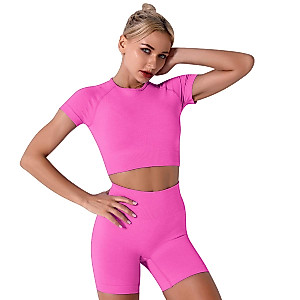 Women's Seamless Yoga Outfits 3 Pieces Workout Short Sleeve Crop Top + Camisole Tank Sports Bra + High Waisted Running Shorts Sets Activewear Athletic Fitness Tracksuit Gym Clothes Hot Pink Medium