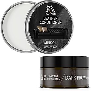 SANPAIR Leather Recoloring Balm Dark Brown & Mink Oil, Leather Couches Color Restorer,Leather Scratch Repair Cream, Brown Leather Dye, Dark Brown Leather Stain, Leather Restoration Kit for Furniture