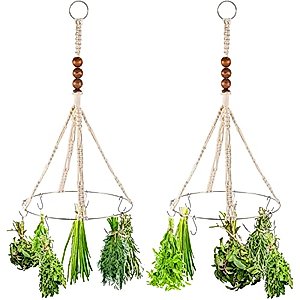 2 Pcs Hanging Drying Rack for Herbs - Macrame Mobile Flower Drying Hanger with 20 Herb Dryer Hooks, Boho Handcrafted Cotton Rope Chic Woven Herbal Drier with Wooden Hanging Ring for Hydroponic Plants