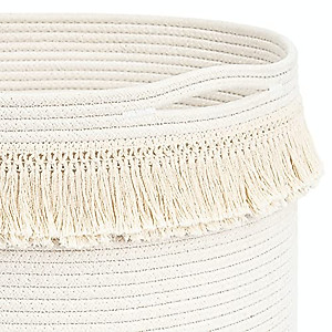 CherryNow Woven Storage Basket Boho Round Basket with Macrame Tassel Large Decorative Rope Basket in Living Room, Bathroom Cute Baby Basket for Toy, Towel, Diaper, 15" x14.2'', White