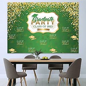 7x5ft Green Graduate Party Backdrop Class of 2023 Graduation Congratulations Background Gold Dots Caps Prom Photography for Senior Year Graduation Party Decoration Banner Supplies