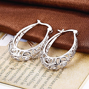 Milacolato 925 Sterling Silver Hoop Earrings for Women 18K White Gold Plated Textured Filigree Oval Hoop Earrings Lightweight & Hypoallergenic Vintage Hoop Earrings